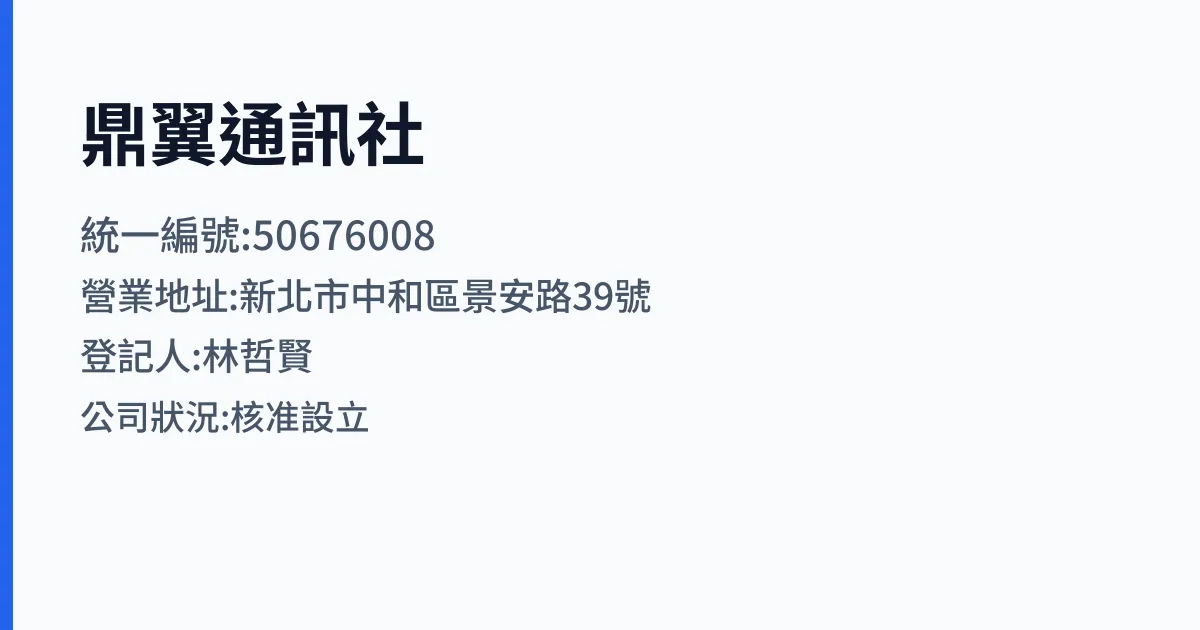 鼎翼通訊社 - 統編 50676008(新北市) 公司登記資料與營業項目詳細圖表