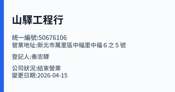 山驛工程行的照片-統編 50676106(新北市) 公司登記資料與營業項目詳細圖表