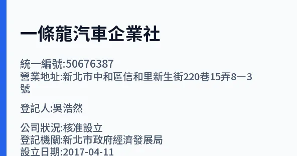 一條龍汽車企業社的照片-統編 50676387(新北市) 公司登記資料與營業項目詳細圖表