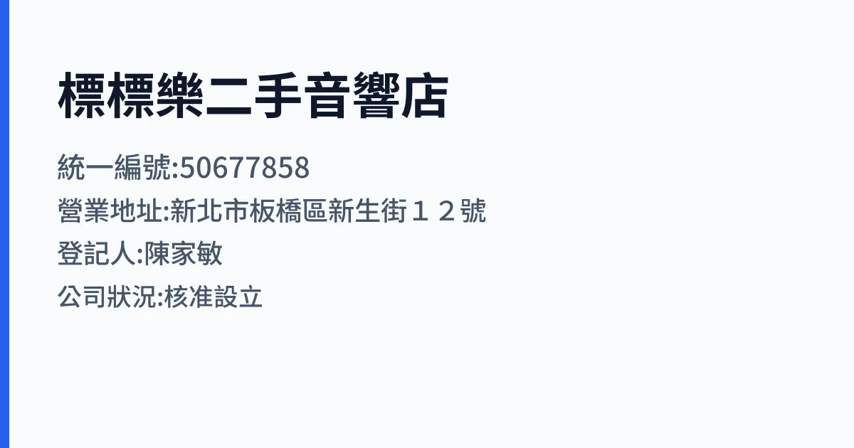 標標樂二手音響店 - 統編 50677858(新北市) 公司登記資料與營業項目詳細圖表