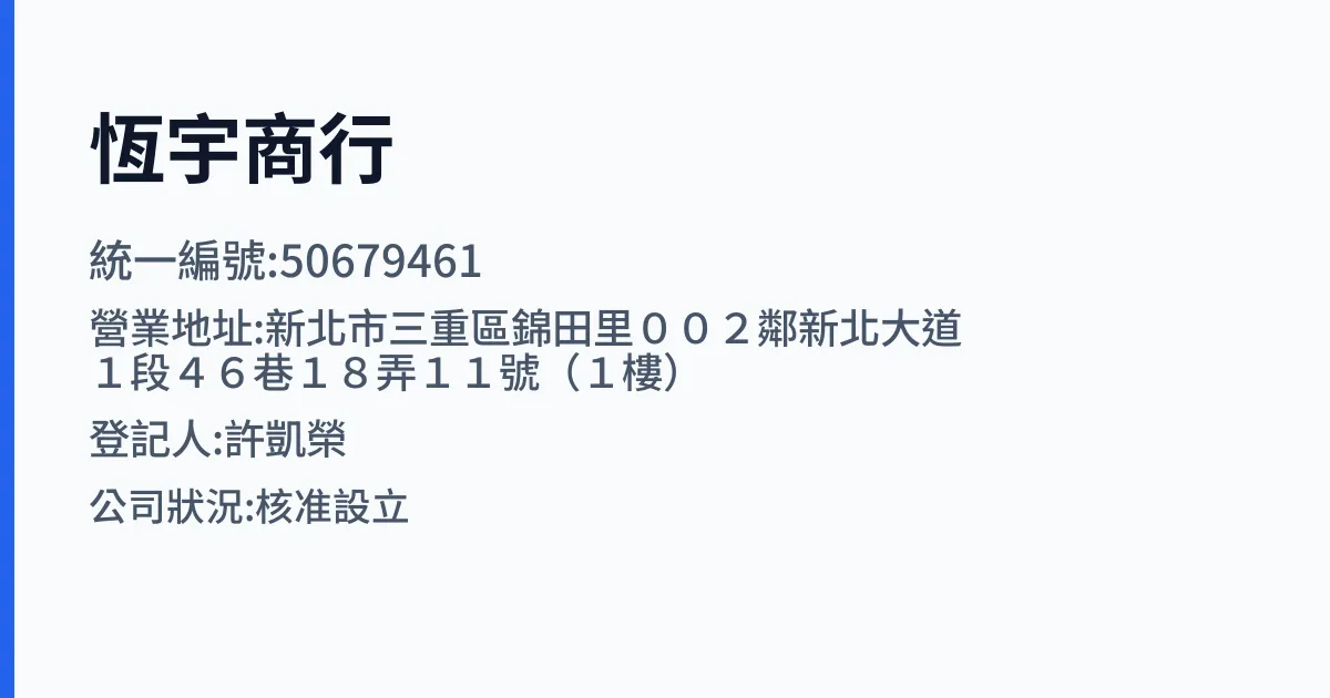 恆宇商行 - 統編 50679461(新北市) 公司登記資料與營業項目詳細圖表
