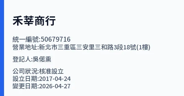 禾莘商行的照片-統編 50679716(新北市) 公司登記資料與營業項目詳細圖表