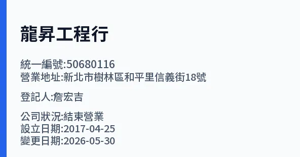龍昇工程行的照片-統編 50680116(新北市) 公司登記資料與營業項目詳細圖表
