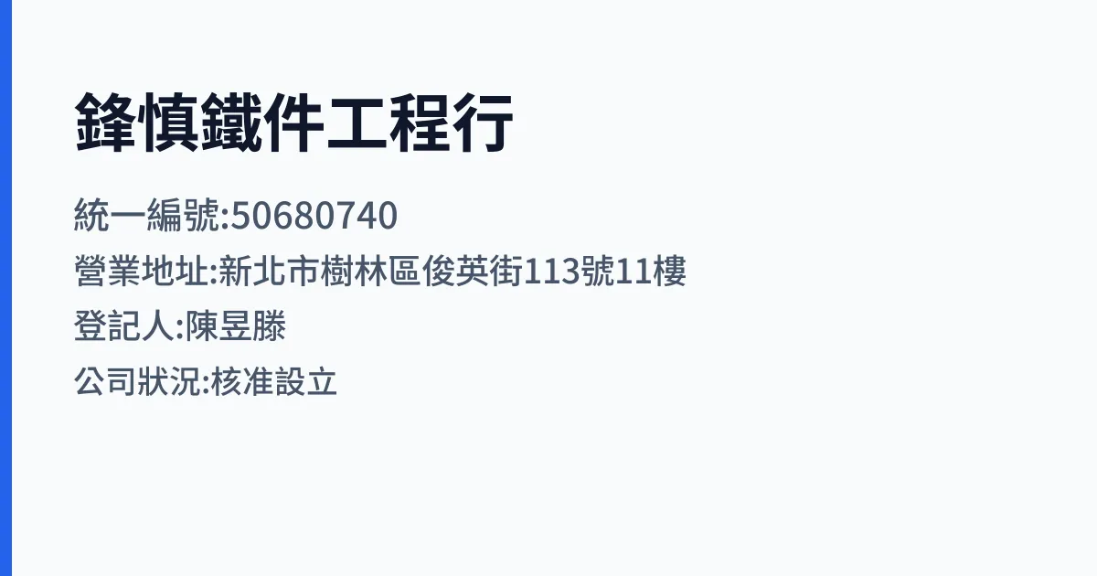 鋒慎鐵件工程行 - 統編 50680740(新北市) 公司登記資料與營業項目詳細圖表