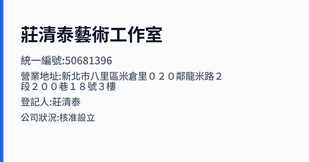 莊清泰藝術工作室 - 統編 50681396(新北市) 公司登記資料與營業項目詳細圖表
