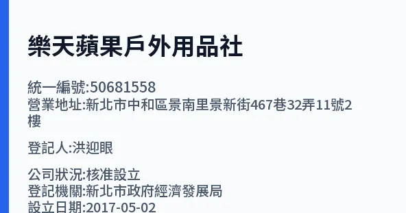 樂天蘋果戶外用品社的照片-統編 50681558(新北市) 公司登記資料與營業項目詳細圖表
