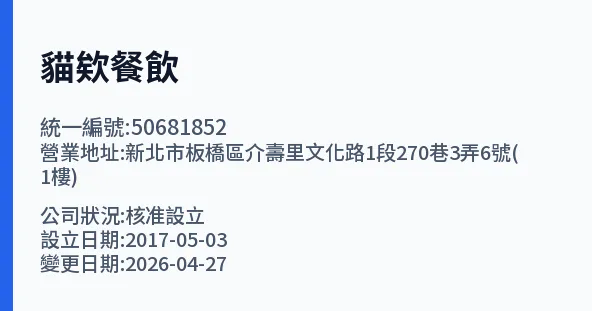 貓欸餐飲的照片-統編 50681852(新北市) 公司登記資料與營業項目詳細圖表
