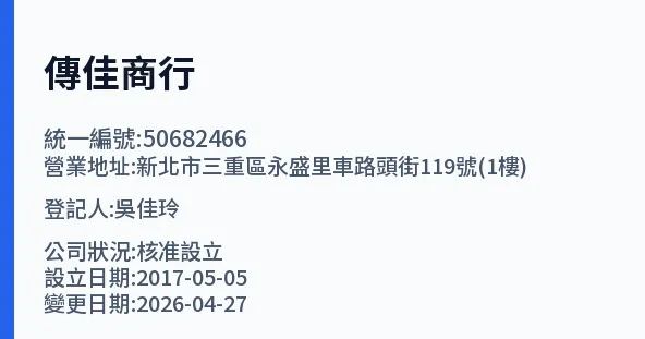 傳佳商行的照片-統編 50682466(新北市) 公司登記資料與營業項目詳細圖表