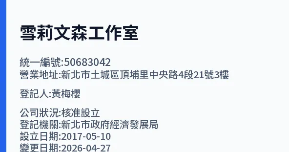 雪莉文森工作室的照片-統編 50683042(新北市) 公司登記資料與營業項目詳細圖表