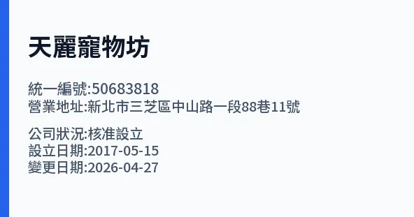 天麗寵物坊的照片-統編 50683818(新北市) 公司登記資料與營業項目詳細圖表