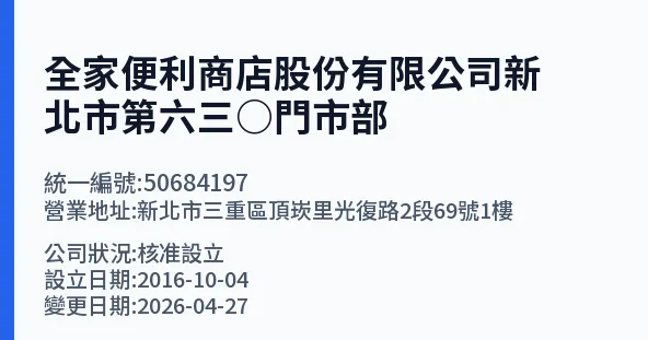 全家便利商店股份有限公司新北市第六三○門市部的照片-統編 50684197(新北市) 公司登記資料與營業項目詳細圖表