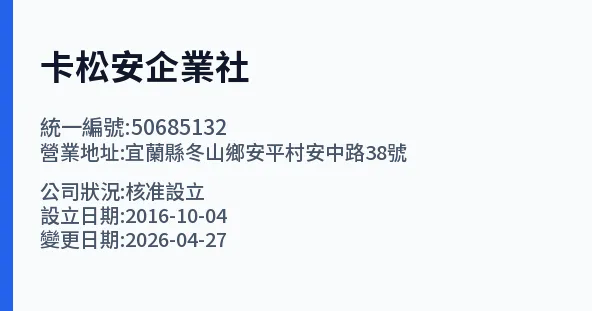 卡松安企業社的照片-統編 50685132(宜蘭縣) 公司登記資料與營業項目詳細圖表