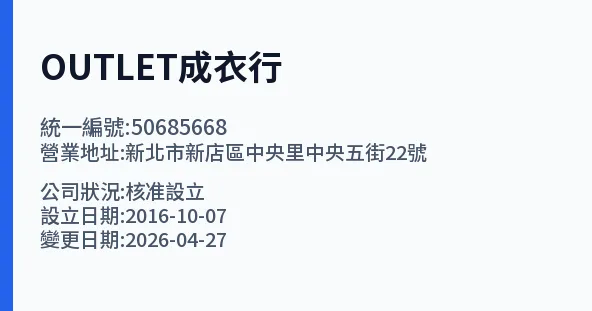 OUTLET成衣行的照片-統編 50685668(新北市) 公司登記資料與營業項目詳細圖表