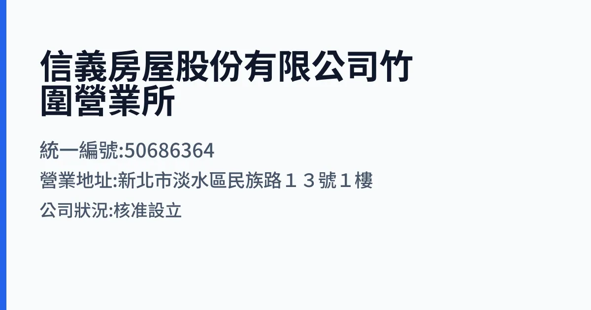 信義房屋股份有限公司竹圍營業所 - 統編 50686364(新北市) 公司登記資料與營業項目詳細圖表