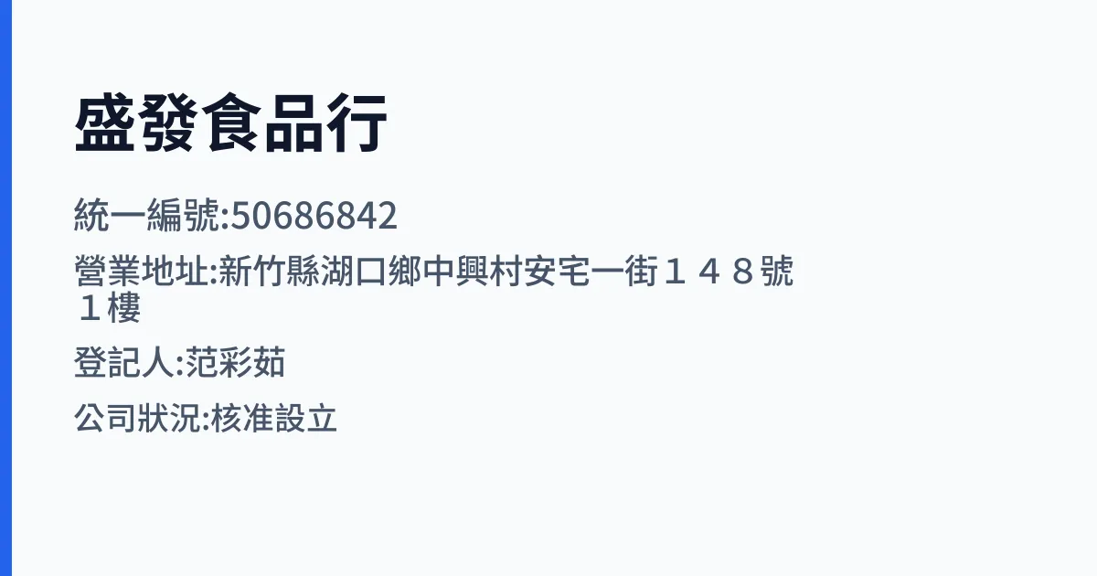 盛發食品行 - 統編 50686842(新竹縣) 公司登記資料與營業項目詳細圖表