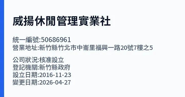 威揚休閒管理實業社的照片-統編 50686961(新竹縣) 公司登記資料與營業項目詳細圖表