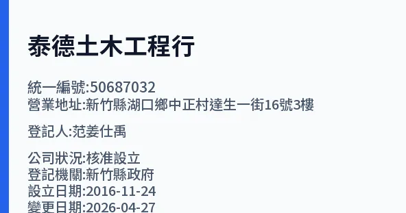 泰德土木工程行的照片-統編 50687032(新竹縣) 公司登記資料與營業項目詳細圖表