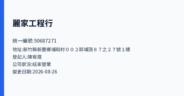 麗家工程行的照片-統編 50687271(新竹縣) 公司登記資料與營業項目詳細圖表