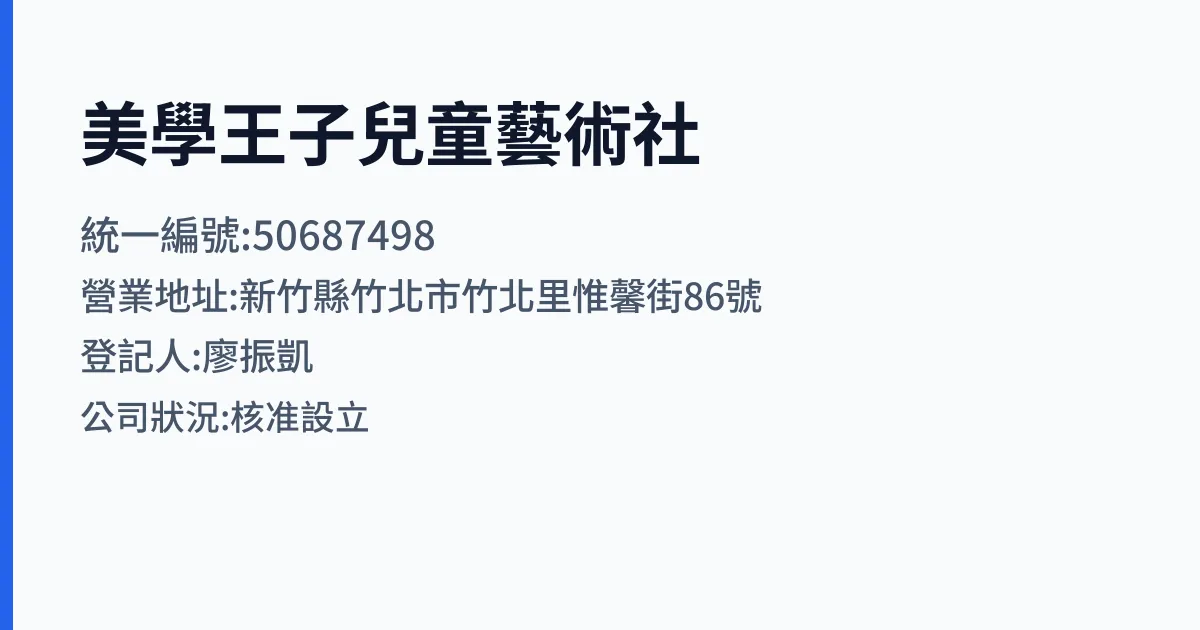 美學王子兒童藝術社 - 統編 50687498(新竹縣) 公司登記資料與營業項目詳細圖表