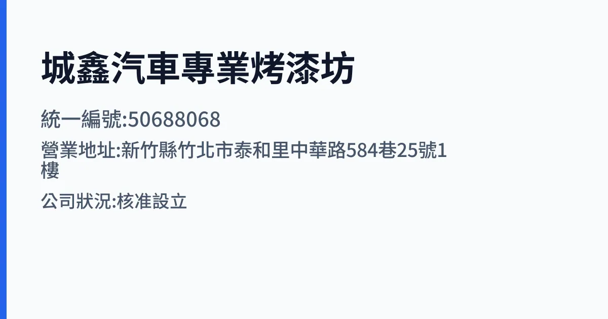 城鑫汽車專業烤漆坊 - 統編 50688068(新竹縣) 公司登記資料與營業項目詳細圖表