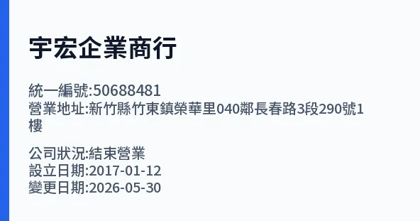 宇宏企業商行的照片-統編 50688481(新竹縣) 公司登記資料與營業項目詳細圖表