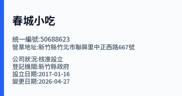 春城小吃的照片-統編 50688623(新竹縣) 公司登記資料與營業項目詳細圖表