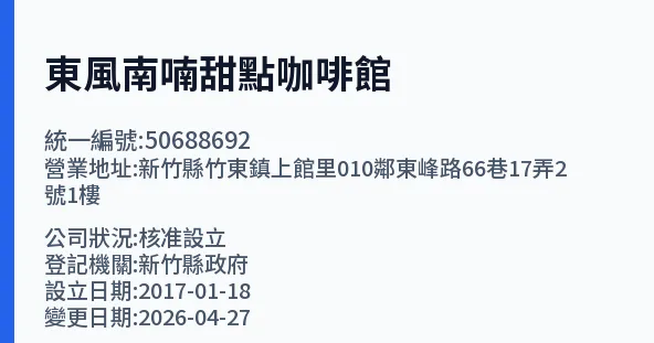 東風南喃甜點咖啡館的照片-統編 50688692(新竹縣) 公司登記資料與營業項目詳細圖表