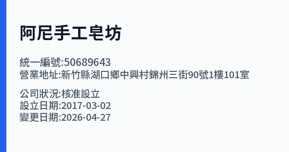 阿尼手工皂坊的照片-統編 50689643(新竹縣) 公司登記資料與營業項目詳細圖表