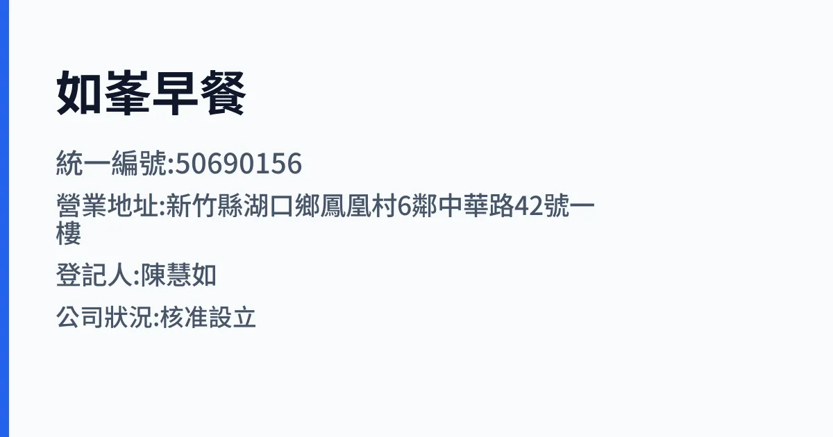 如峯早餐 - 統編 50690156(新竹縣) 公司登記資料與營業項目詳細圖表