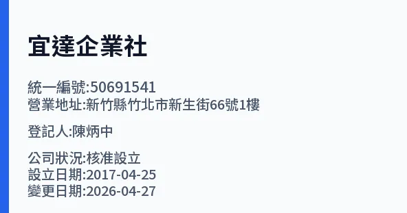 宜達企業社的照片-統編 50691541(新竹縣) 公司登記資料與營業項目詳細圖表