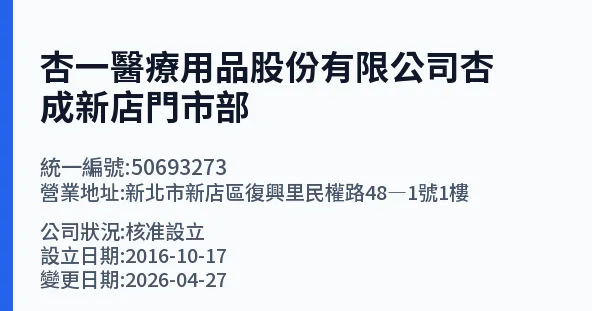 杏一醫療用品股份有限公司杏成新店門市部的照片-統編 50693273(新北市) 公司登記資料與營業項目詳細圖表