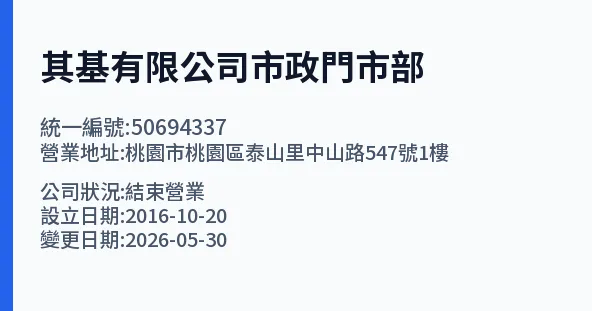 其基有限公司市政門市部的照片-統編 50694337(桃園市) 公司登記資料與營業項目詳細圖表