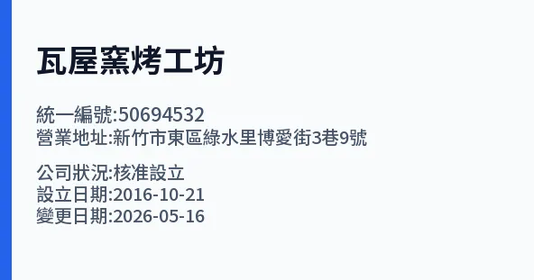 瓦屋窯烤工坊的照片-統編 50694532(新竹市) 公司登記資料與營業項目詳細圖表