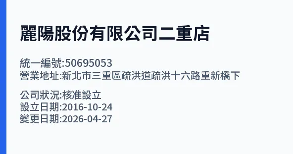 麗陽股份有限公司二重店的照片-統編 50695053(新北市) 公司登記資料與營業項目詳細圖表