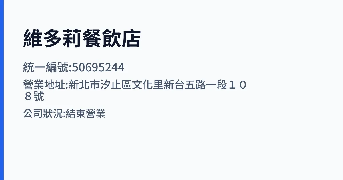 維多莉餐飲店 - 統編 50695244(新北市) 公司登記資料與營業項目詳細圖表