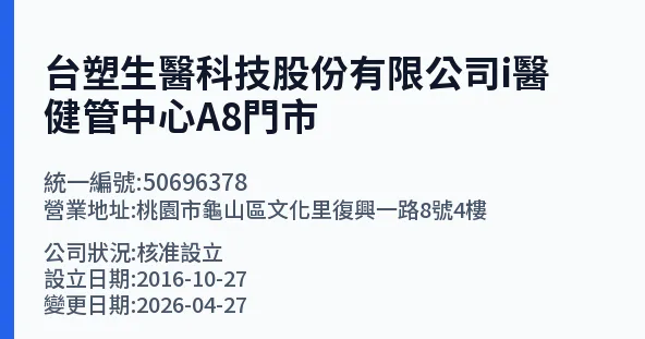 台塑生醫科技股份有限公司i醫健管中心A8門市的照片-統編 50696378(桃園市) 公司登記資料與營業項目詳細圖表