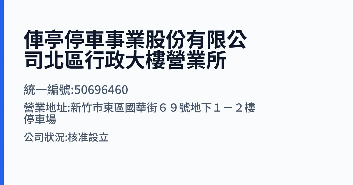 俥亭停車事業股份有限公司北區行政大樓營業所 - 統編 50696460(新竹市) 公司登記資料與營業項目詳細圖表