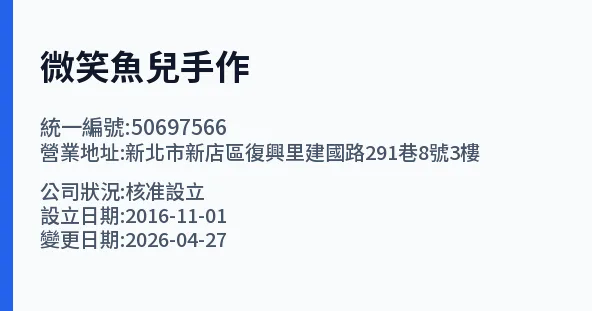 微笑魚兒手作的照片-統編 50697566(新北市) 公司登記資料與營業項目詳細圖表