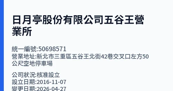 日月亭股份有限公司五谷王營業所的照片-統編 50698571(新北市) 公司登記資料與營業項目詳細圖表
