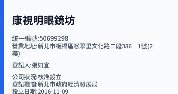 康視明眼鏡坊的照片-統編 50699298(新北市) 公司登記資料與營業項目詳細圖表