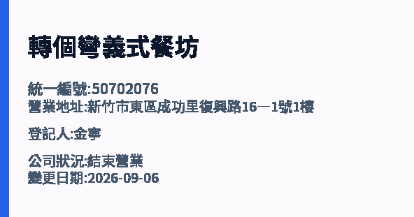 轉個彎義式餐坊的照片-統編 50702076(新竹市) 公司登記資料與營業項目詳細圖表
