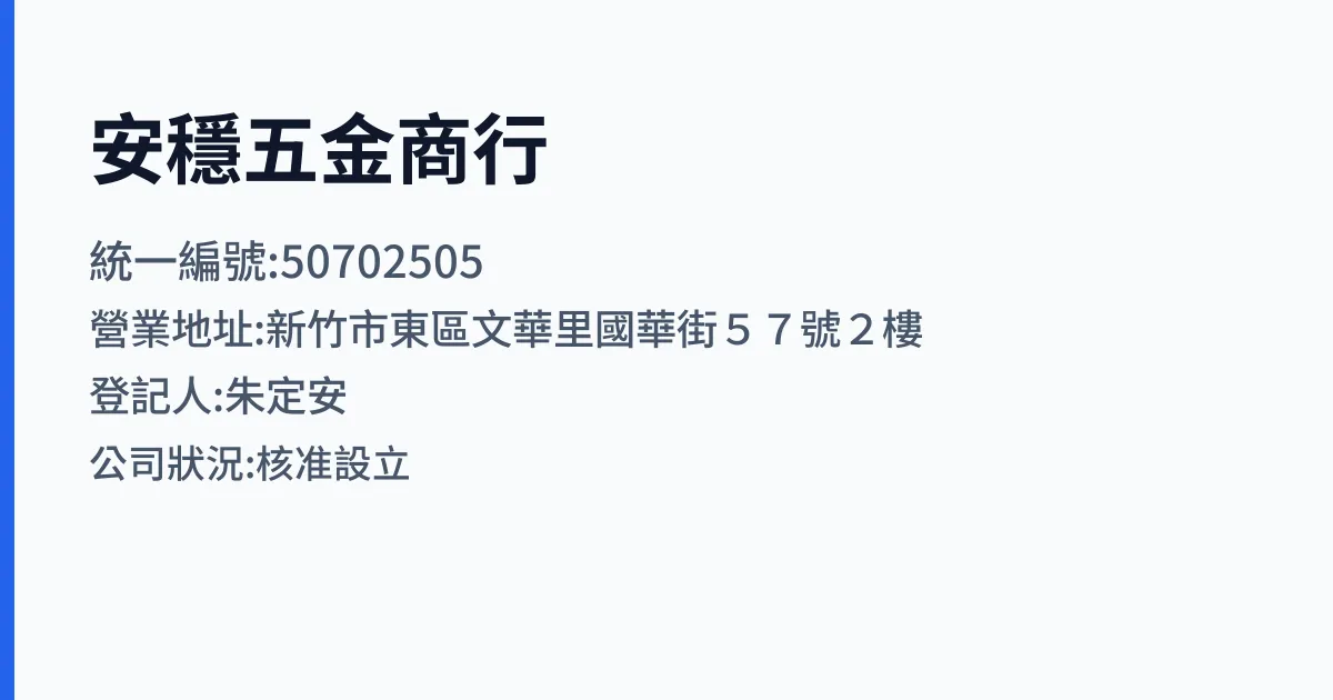 安穩五金商行 - 統編 50702505(新竹市) 公司登記資料與營業項目詳細圖表