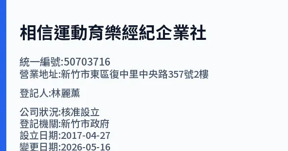 相信運動育樂經紀企業社的照片-統編 50703716(新竹市) 公司登記資料與營業項目詳細圖表