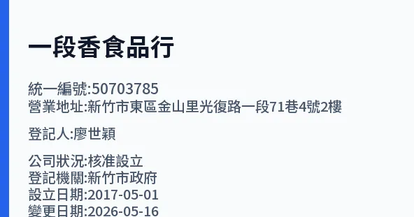 一段香食品行的照片-統編 50703785(新竹市) 公司登記資料與營業項目詳細圖表