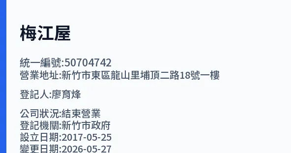 梅江屋的照片-統編 50704742(新竹市) 公司登記資料與營業項目詳細圖表