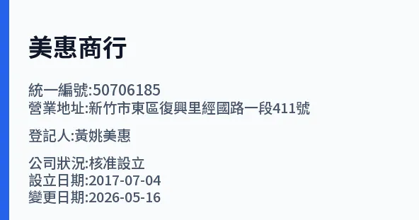 美惠商行的照片-統編 50706185(新竹市) 公司登記資料與營業項目詳細圖表