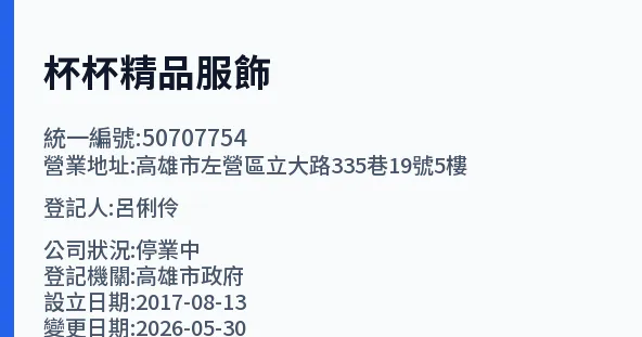 杯杯精品服飾的照片-統編 50707754(高雄市) 公司登記資料與營業項目詳細圖表