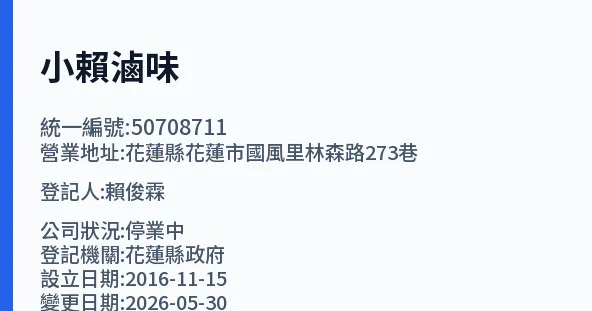 小賴滷味的照片-統編 50708711(花蓮縣) 公司登記資料與營業項目詳細圖表
