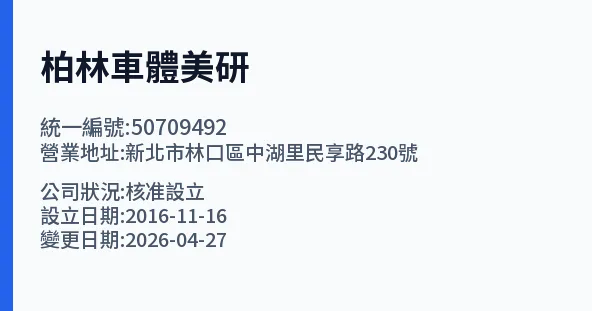 柏林車體美研的照片-統編 50709492(新北市) 公司登記資料與營業項目詳細圖表