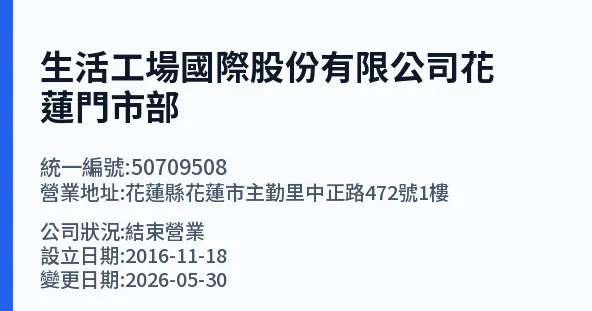 生活工場國際股份有限公司花蓮門市部的照片-統編 50709508(花蓮縣) 公司登記資料與營業項目詳細圖表